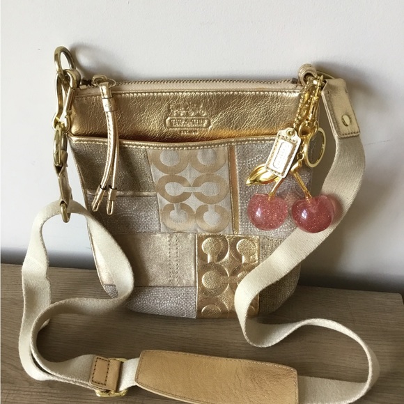 Coach | Bags | Coach Metallic Gold Leather Fabric Patchwork Crossbody ...